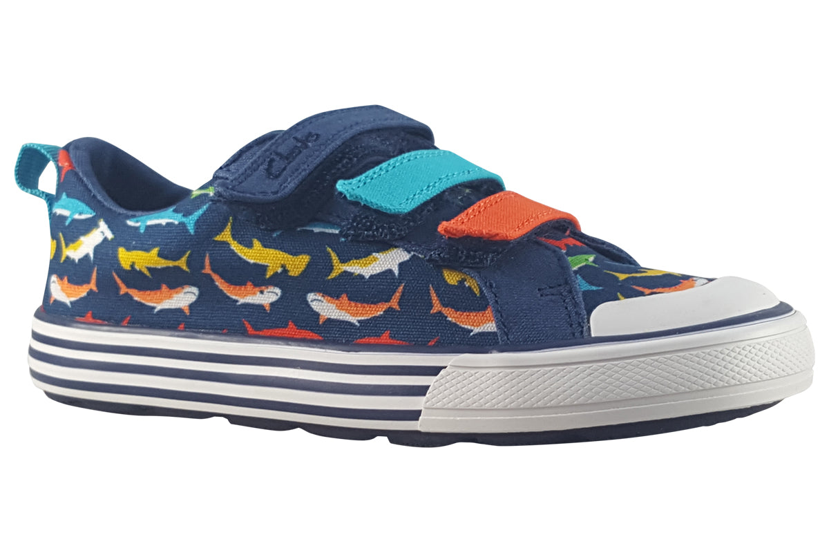 Clarks Foxing Split K Navy Print Boys Canvas – McConnell Shoes
